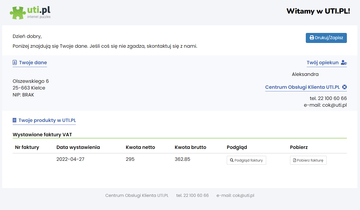 Panel Klienta UTI.PL – Centrum Obsługi Klienta UTI.PL